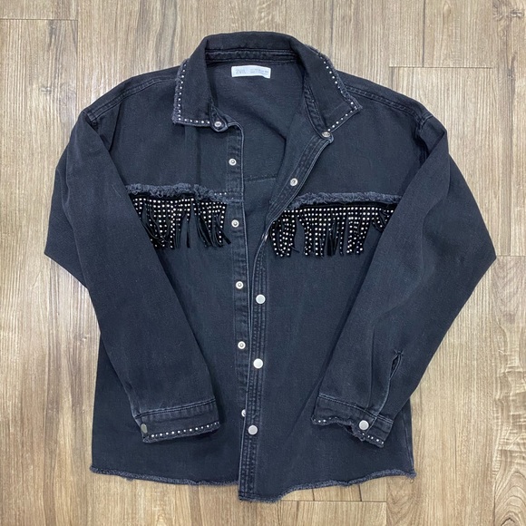 Zara | Jackets & Coats | Zara Black Fringe Jean Jacket | Poshmark